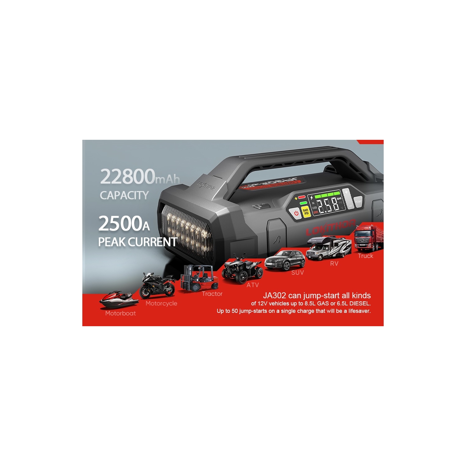 2500 amp Lithium Jump Starter with air compressor JA302