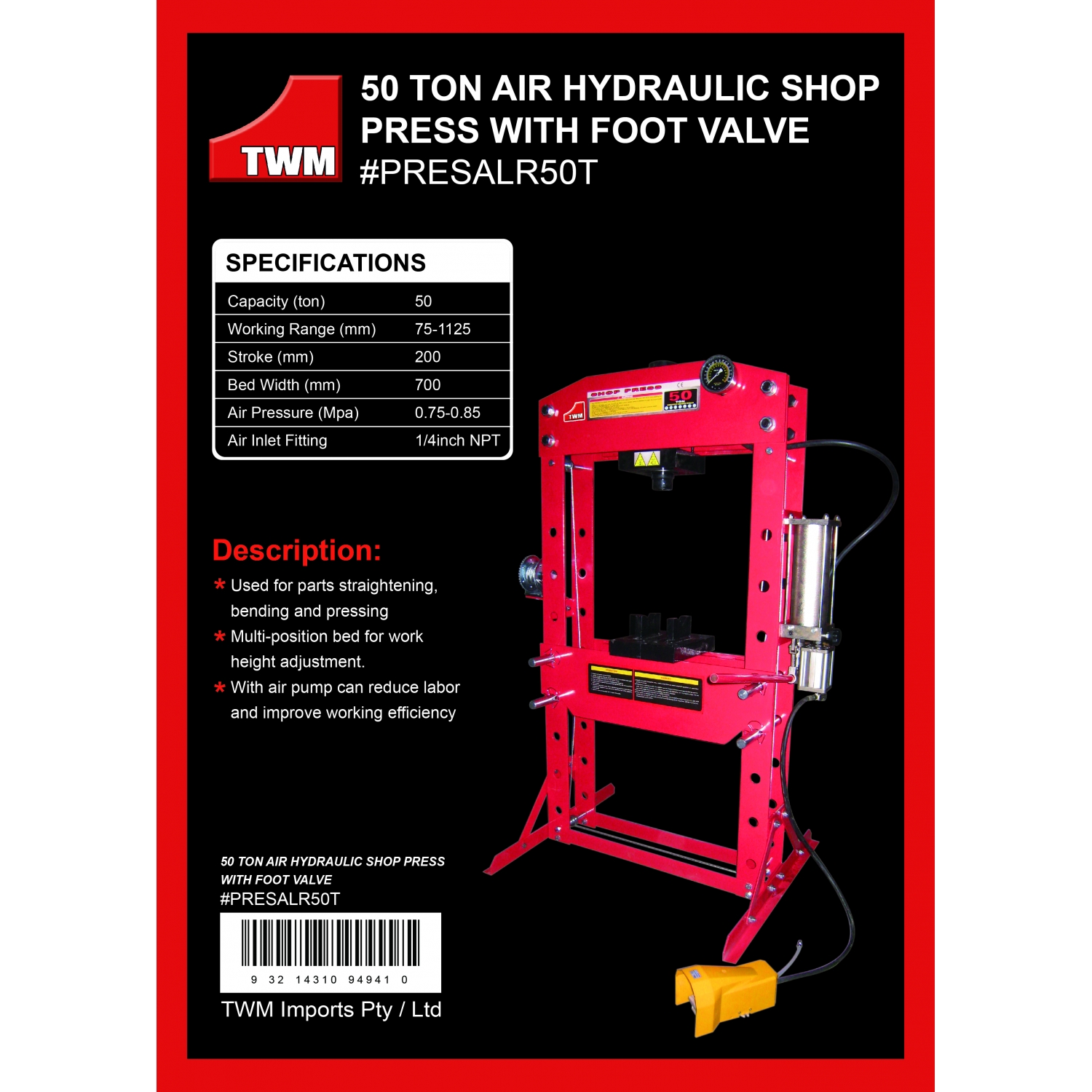 AIR / HYDRAULIC SHOP PRESS 50 TONS W/ GAUGE (SP50T)